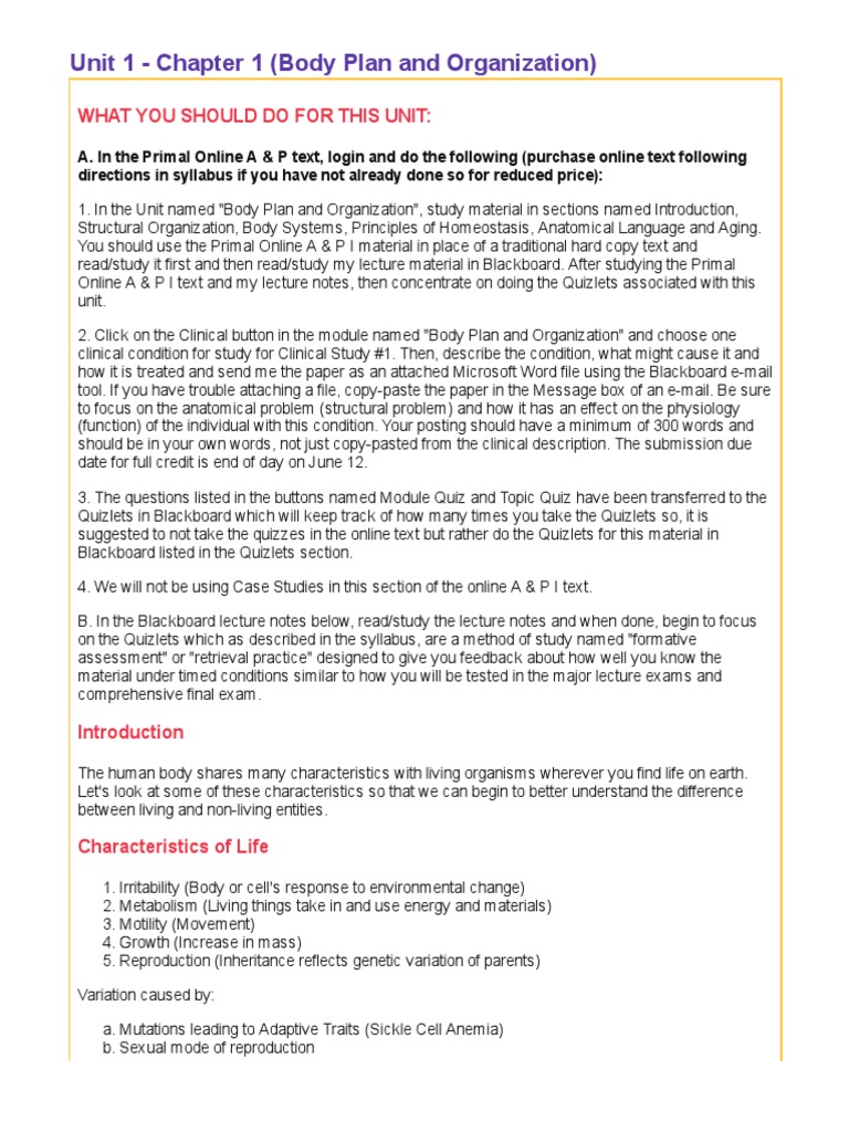 Unit 1 Chapter 1 (Body Plan and Organization) : What You Should Do For ...