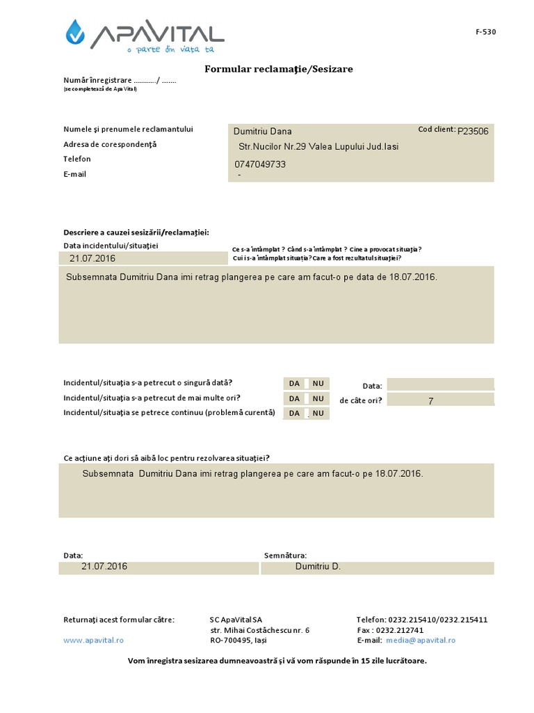Formular Apa Vital | PDF