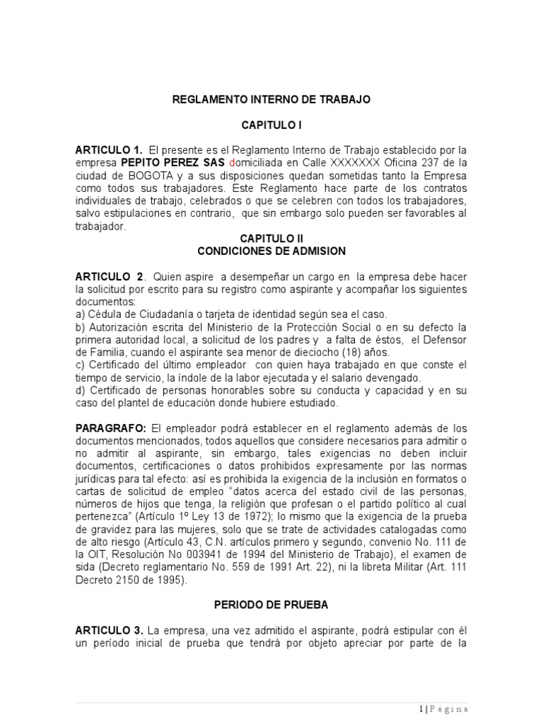 Ejemplo Reglamento Interno de Trabajo