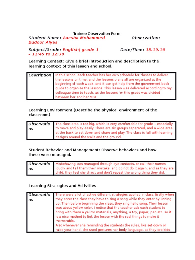Grade 1 English Trainee Observation Report | PDF