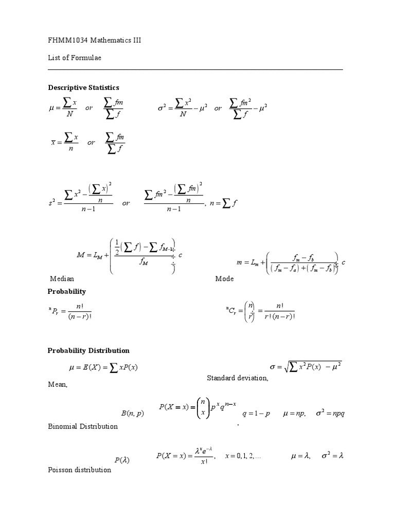 FHMM1034 List of Formulae Tables 201610 | PDF