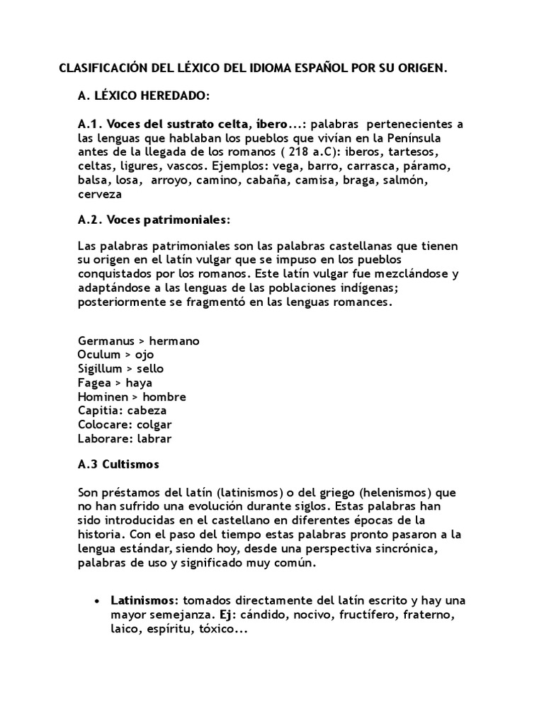 Clasificación Del Léxico Del Idioma Español Por Su Origen | PDF ...