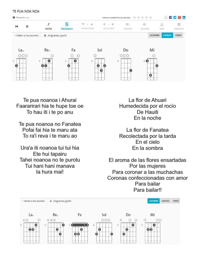 Te Pua Noa, Ukulele, Guitarra y Piano Acordes y Letra | PDF