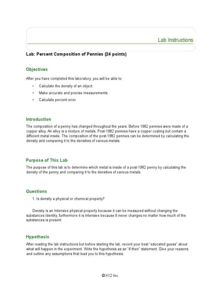 Chem Sem 2 Unit 1 LAB Pennies | PDF | Density | Experiment