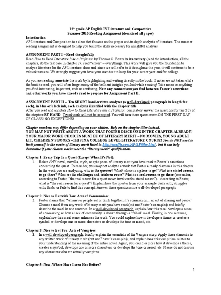 12th Grade AP English IV Summer Reading Assignment 2016-2017 | PDF ...
