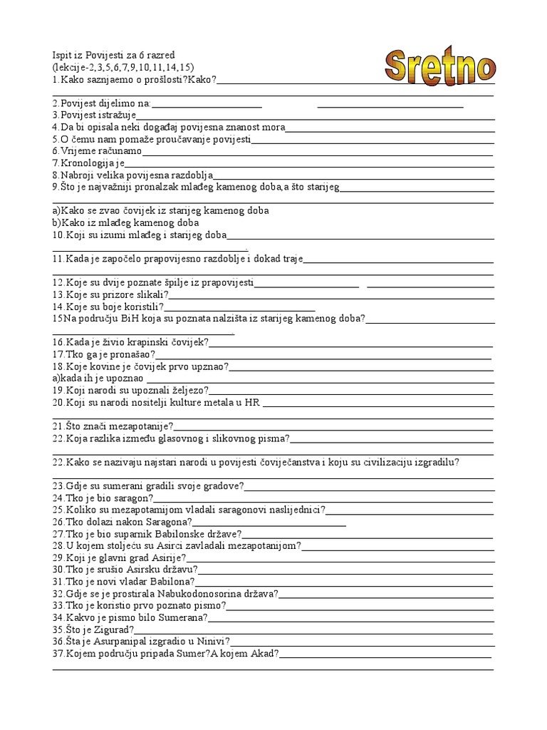 Ispit Iz Povijesti Za 5 Razred Osnovne Škole | PDF