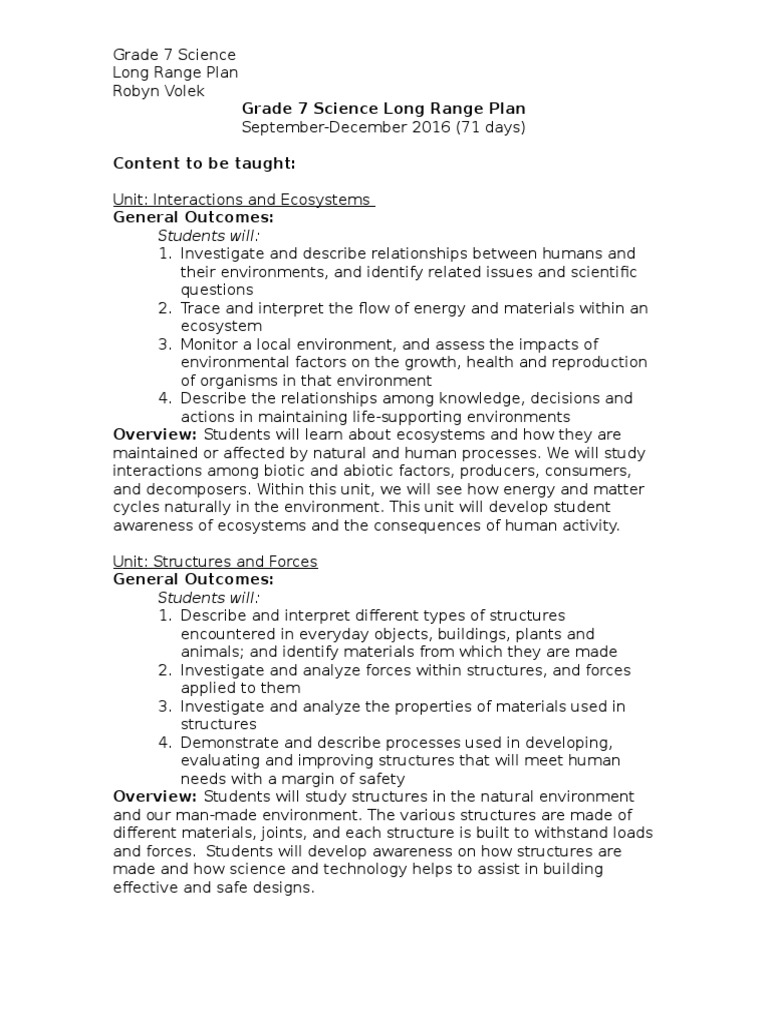 Grade 7 Science Long Range Plan | PDF | Ecosystem | Natural Environment
