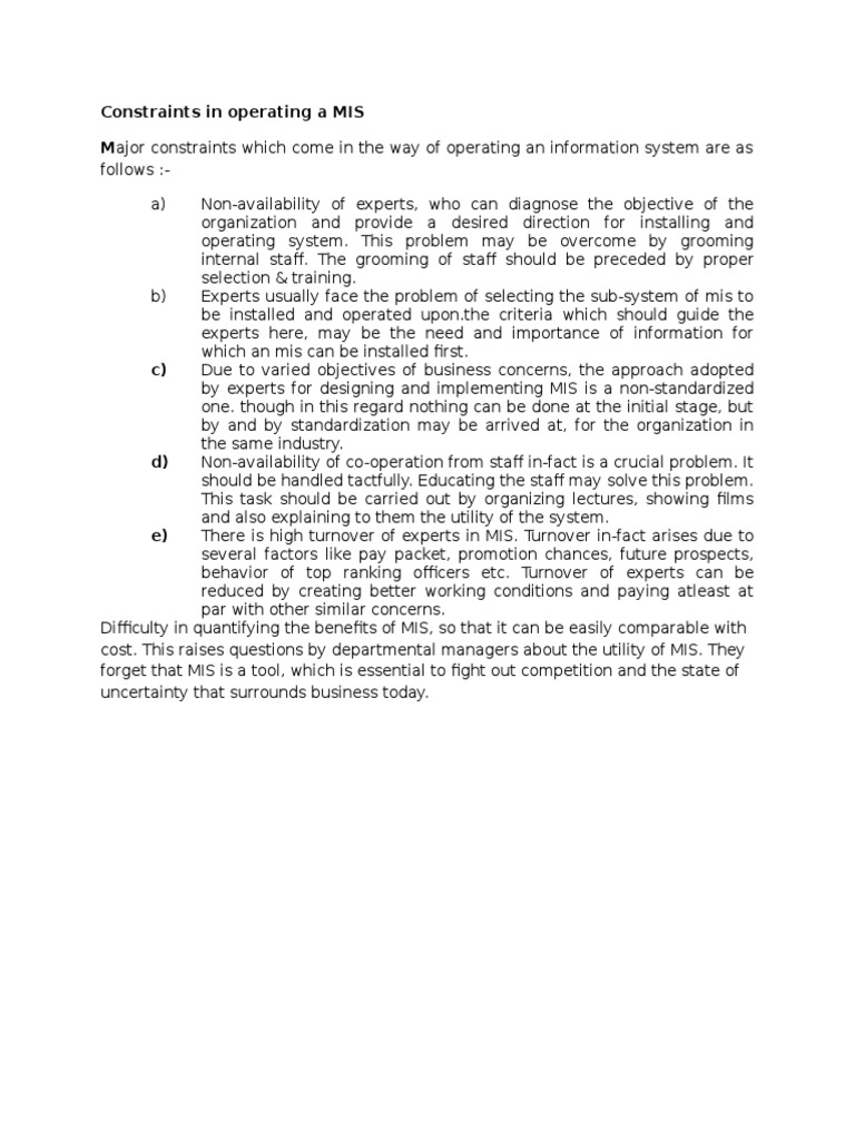 Overcoming Constraints in Operating an Effective Management Information ...