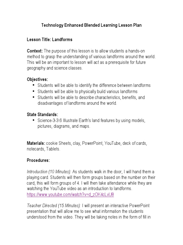 Blended Learning: Landforms Lesson Plan | PDF | Lesson Plan | Education ...