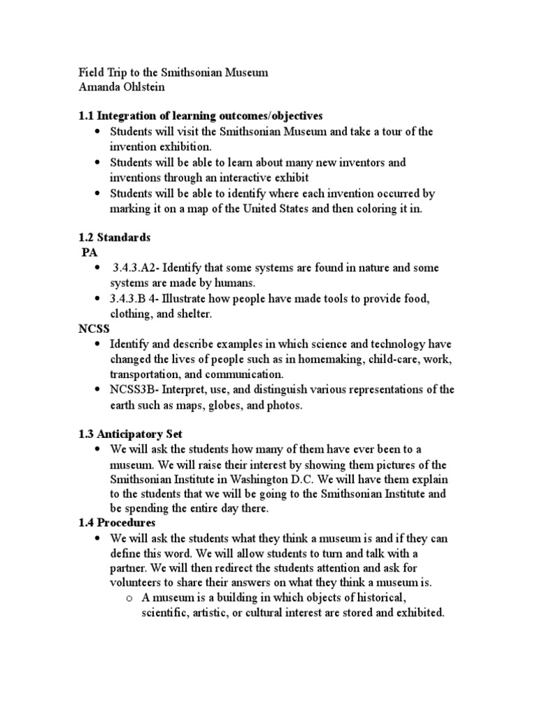 Field Trip Lesson Plan | PDF | Museum | Educational Assessment