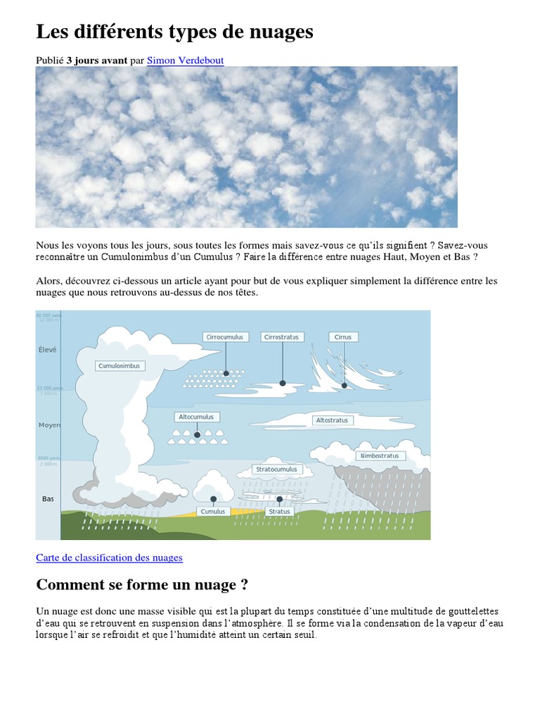 Fiche De Travail Imprimable Sur Les Types De Nuages