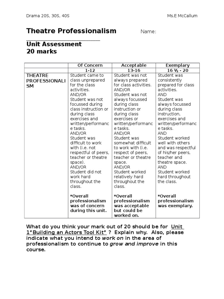 Theatre Professionalism - Unit Self-Assessment | PDF