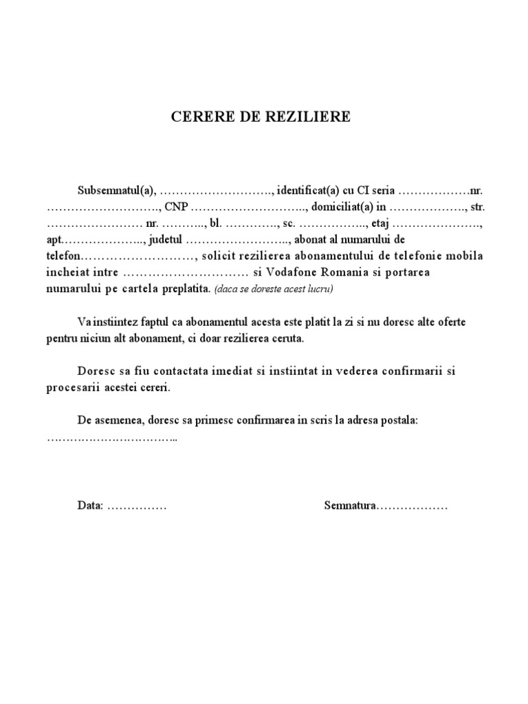 Cerere Reziliere Abonament Vodafone