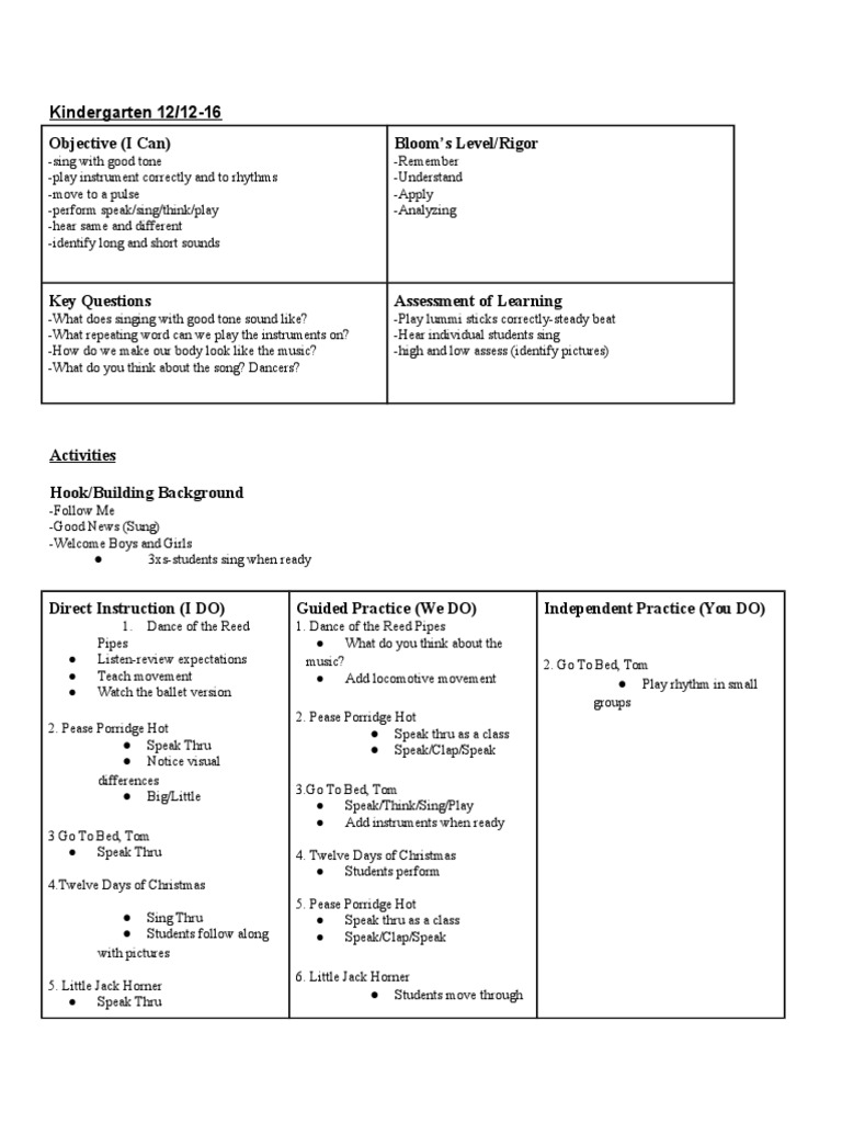 Kindergarten Music Lesson Plan 12/12-16 | PDF
