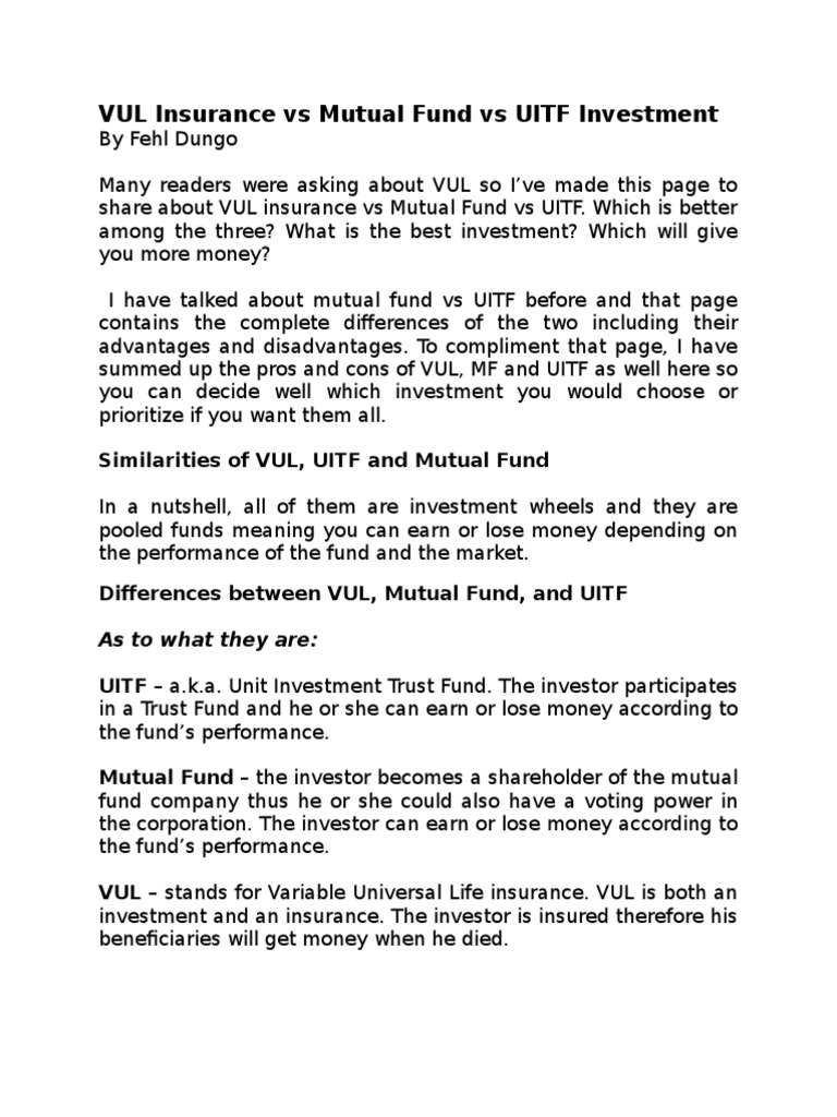 VUL Insurance Vs Mutual Fund Vs UITF Investment | PDF | Mutual Funds ...