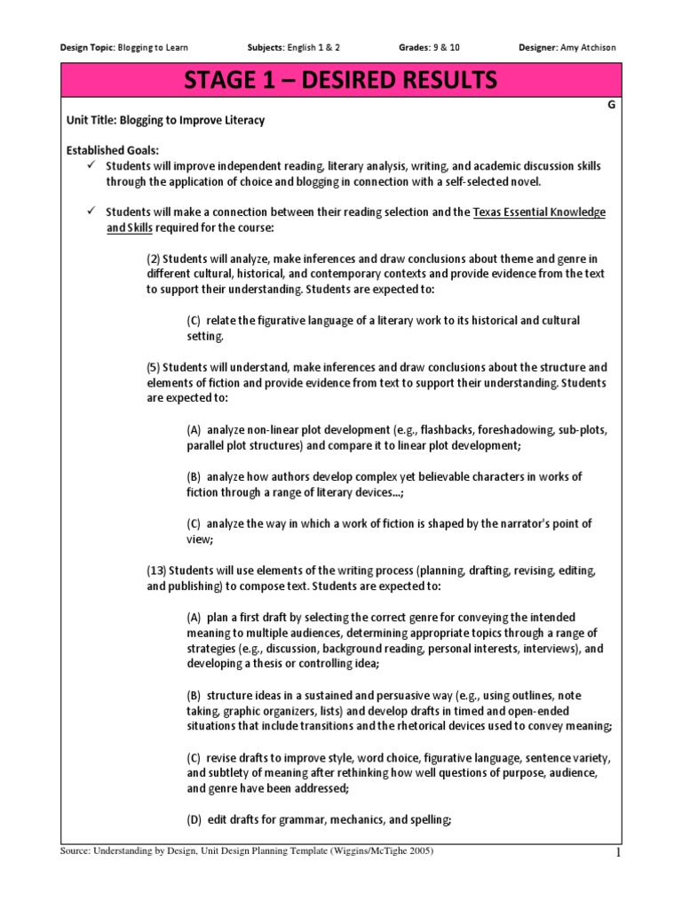 UbD Template 1.0 | PDF | Reading Comprehension | Blog