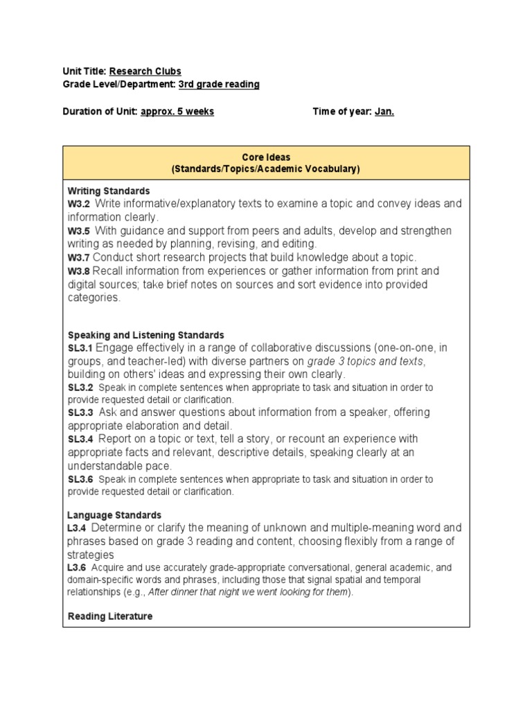 3rd Grade Research Clubs Unit Plan | PDF | Causality | Information