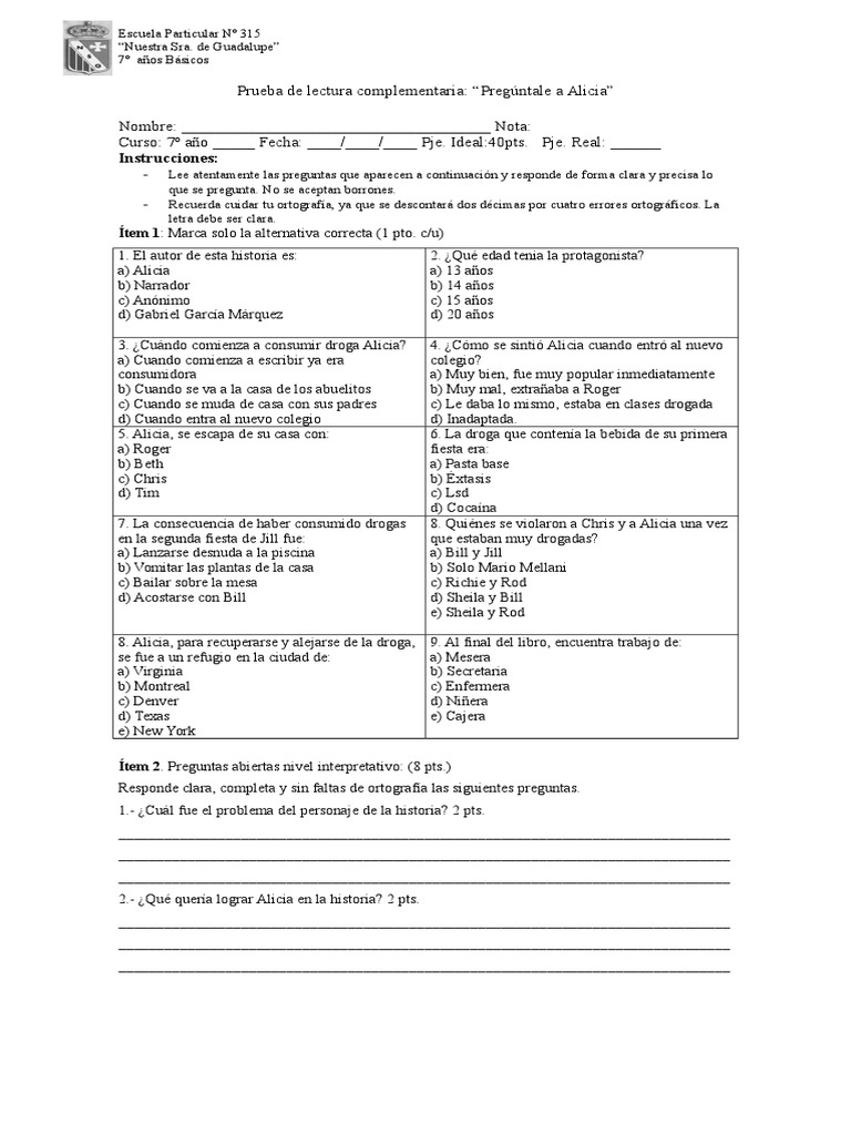 Prueba de Lectura: "Pregúntale a Alicia" | PDF | La dependencia de ...