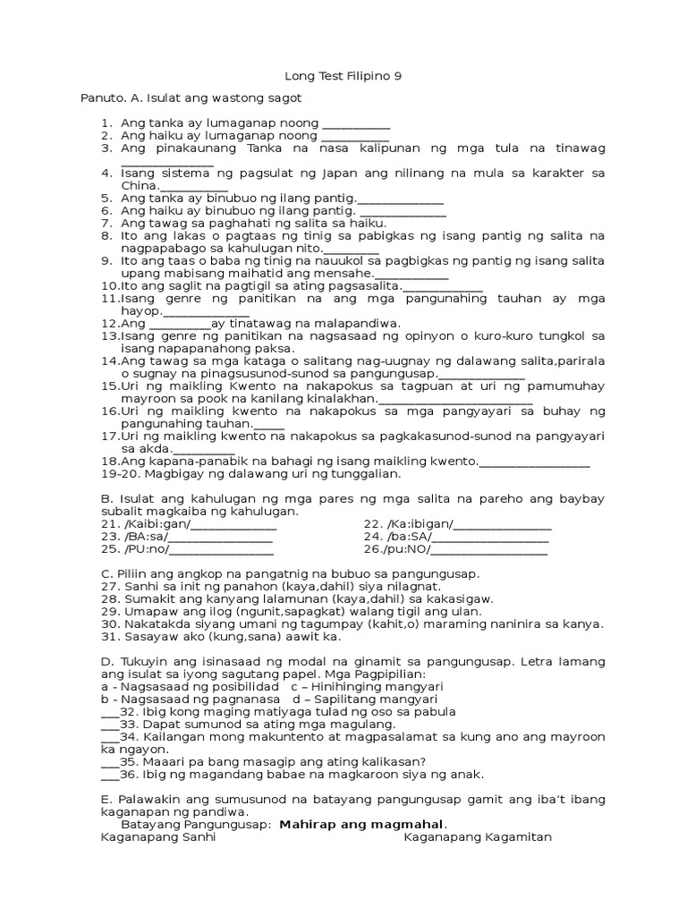 Long Test Filipino 9 | PDF
