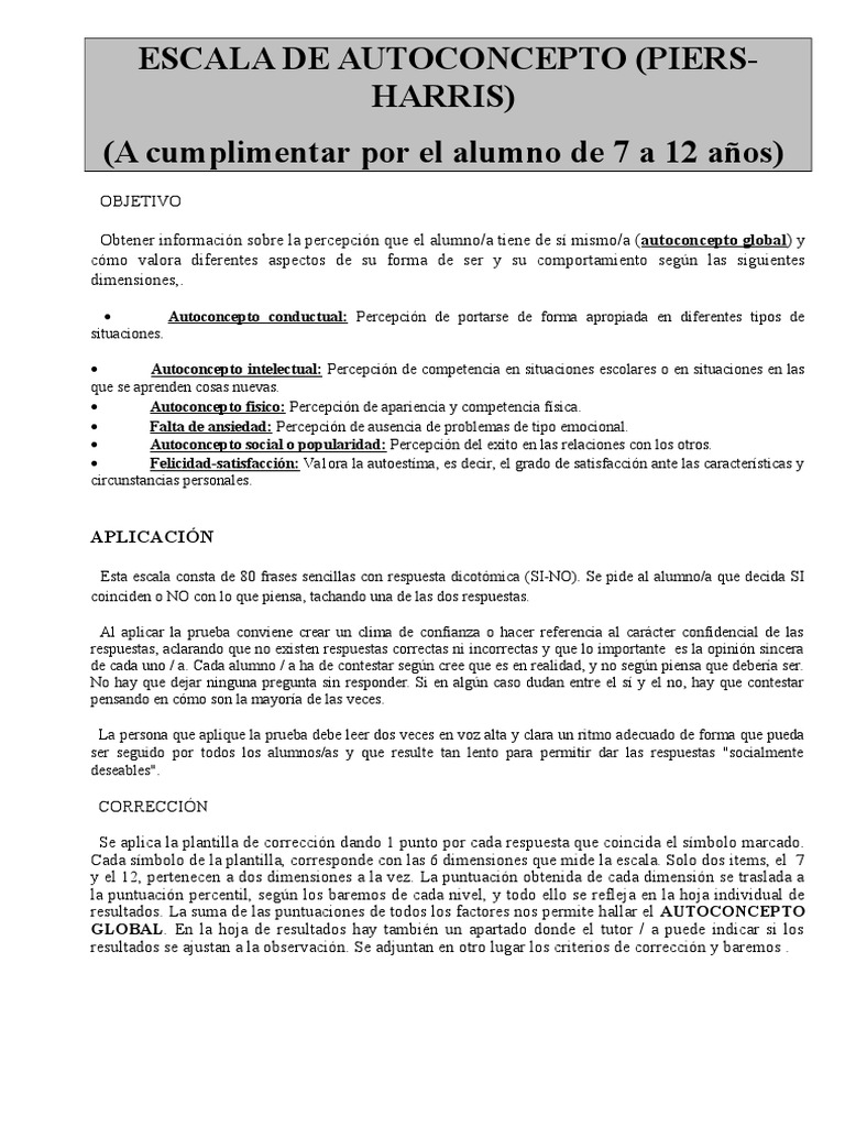 Correccion Escala Autoconcepto Piers Harris | Descargar gratis PDF ...