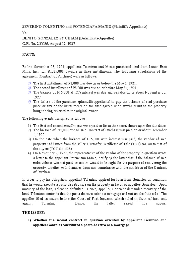 Case Digest Tolentino vs. Gonzales | PDF | Lease | Leasehold Estate