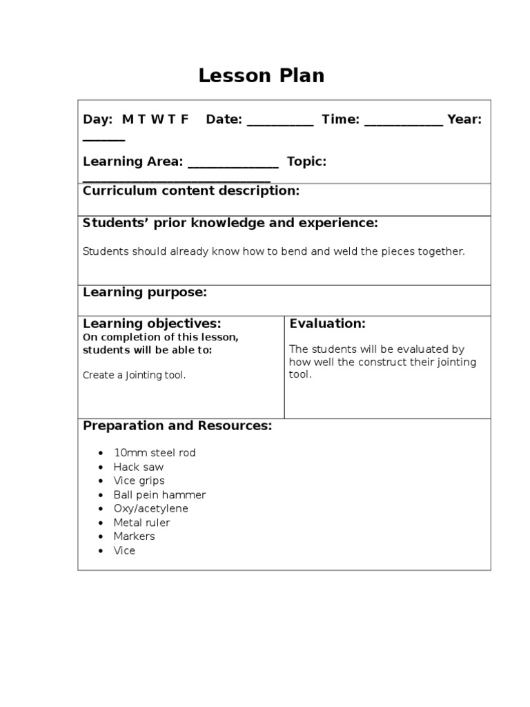 Lesson Plan - Metal Work | PDF | Lesson Plan | Education Theory