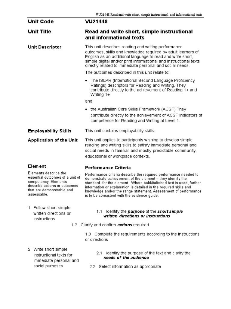 VU21448 - Read and Write Short, Simple Informational and Instructional ...