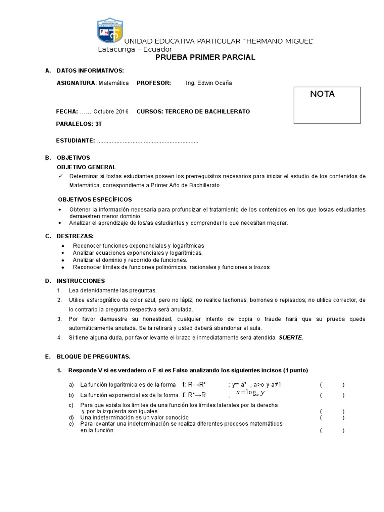 Prueba Primer Parcial | PDF | Logaritmo | Enseñanza de matemática