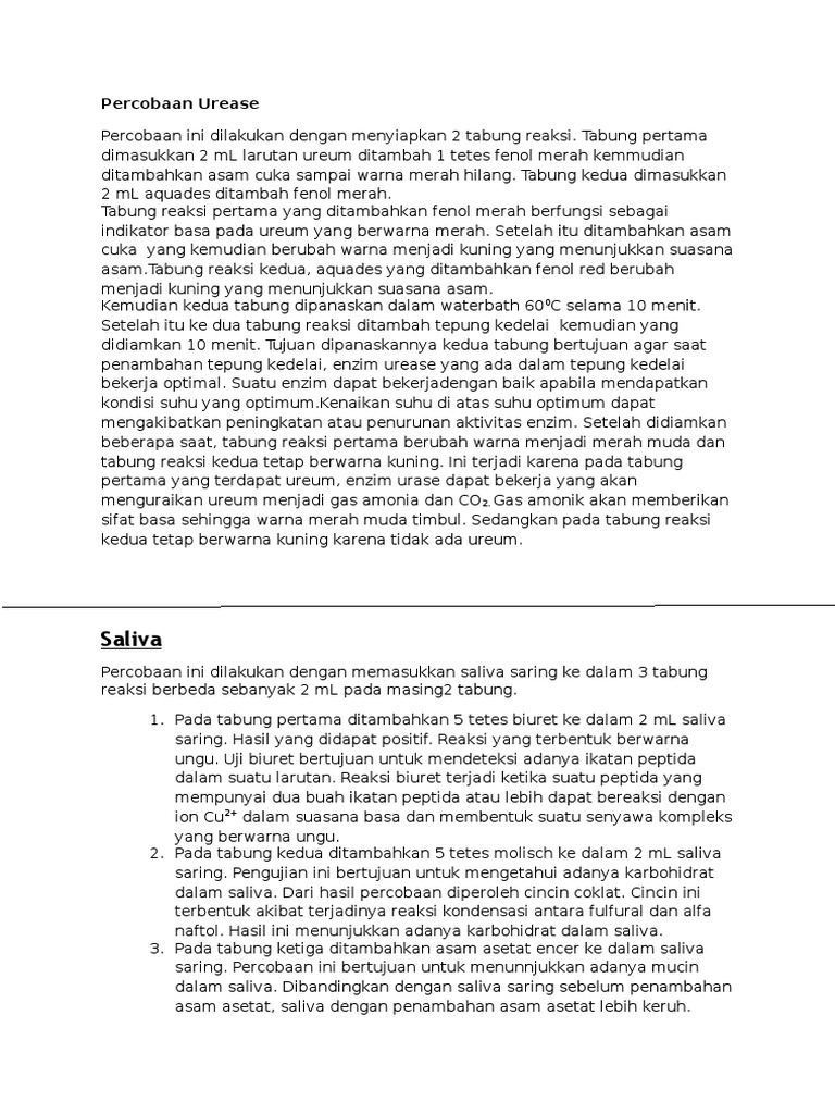 Uji Enzim, Saliva, Empedu (Percobaan Urease Dan Saliva) | PDF | Memasak ...