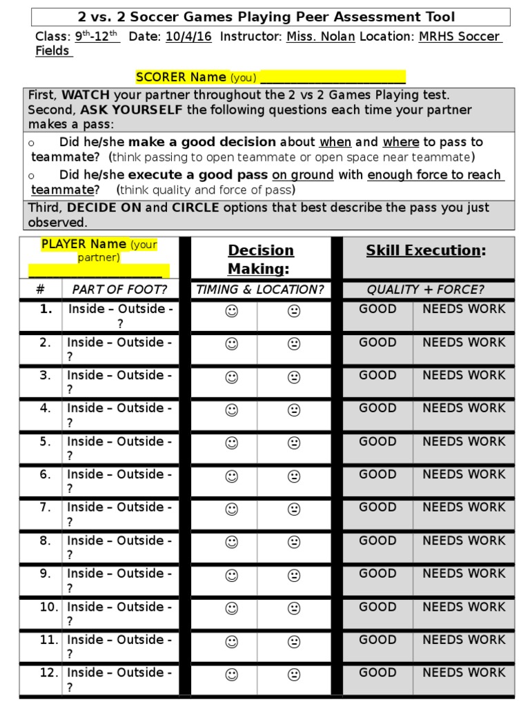 2 vs 2 Soccer Peer Assessment Tool | PDF | Career & Growth | Sports ...