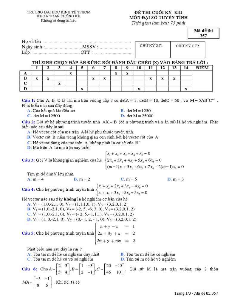 De Thi Cuoi Ky k41 Mon Dai So Tuyen Tinh Ma de Thi 357 | PDF