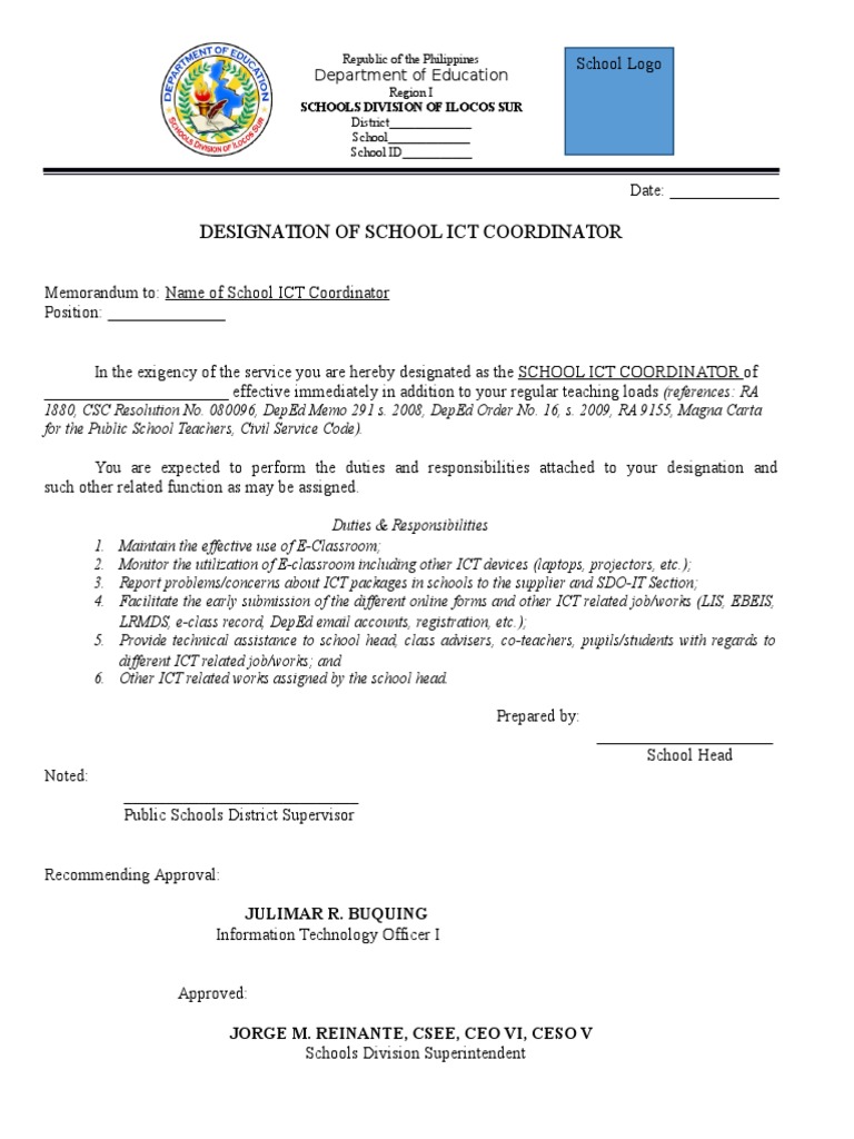 Designation of School ICT Coordinator | PDF | Educational Technology ...