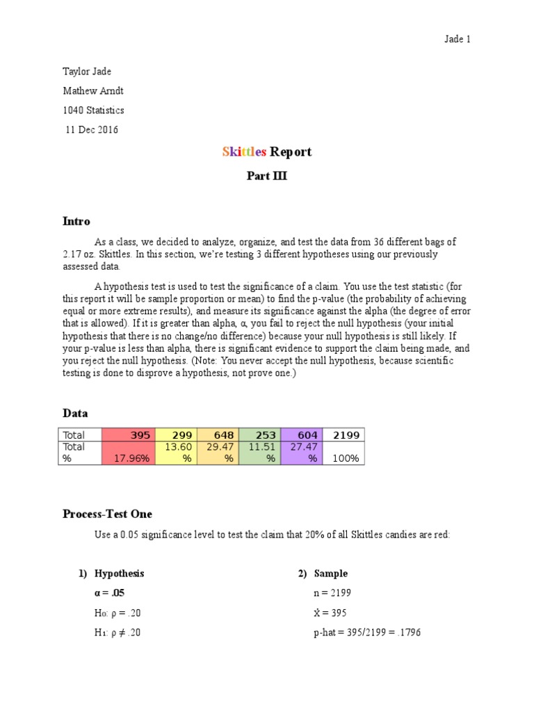 Skittles Hypothesis Testing Analysis | PDF | Statistical Hypothesis ...