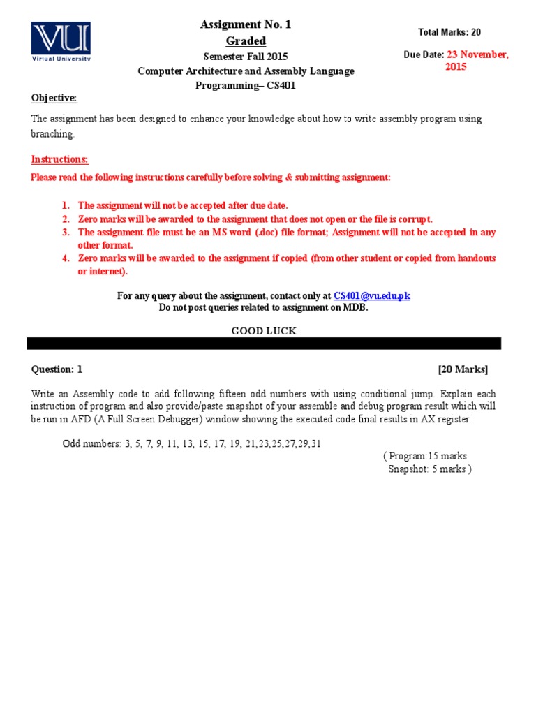 Assignment No 1 Graded Semester Fall 2015 Computer Architecture And Assembly Language