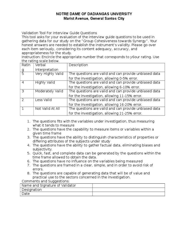 Validation Tool For Interview Guide Questions | PDF