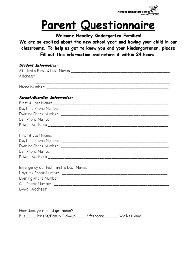 Kindergarten Parent Questionnaire | PDF