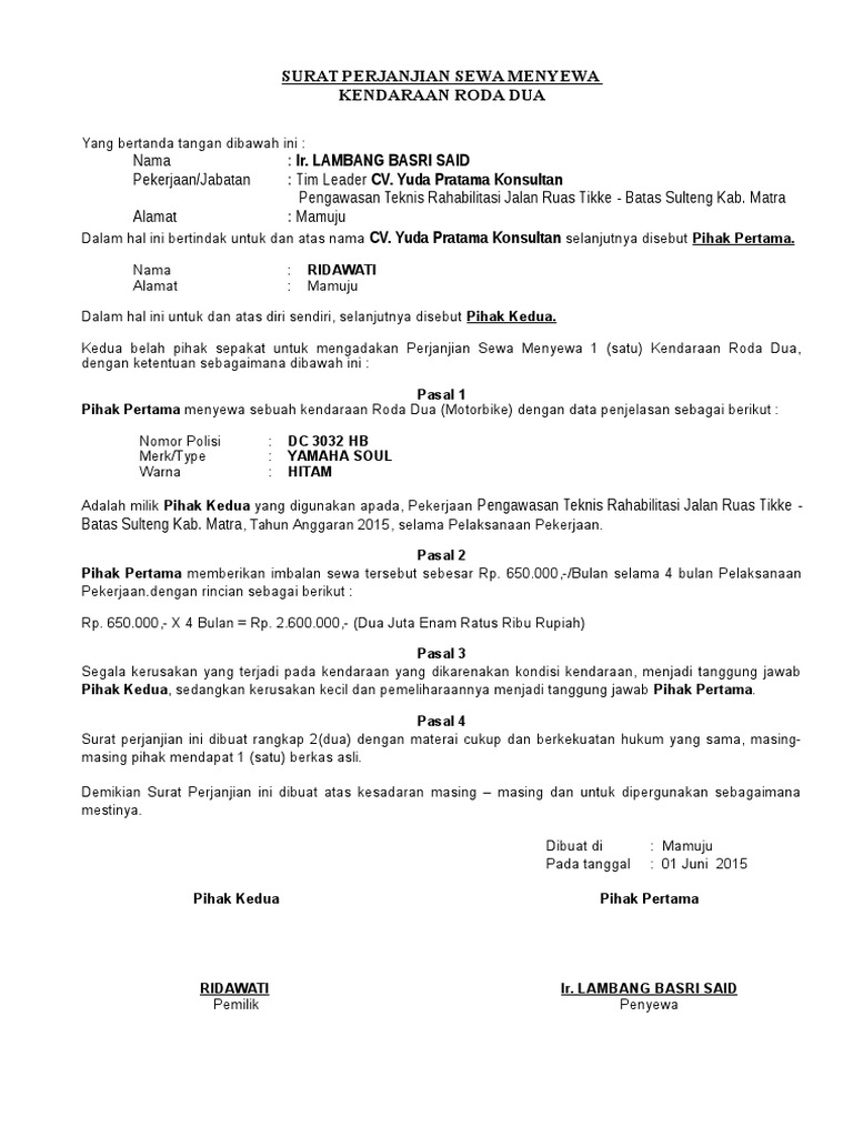 Surat Perjanjian Sewa Motor | PDF