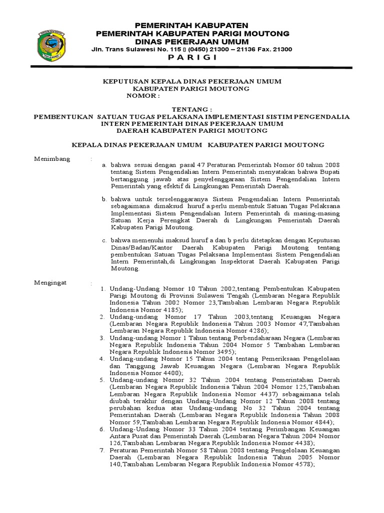 SK Pembentukan Satuan Tugas (Satgas) Spip SKPD | PDF | Pengelolaan ...