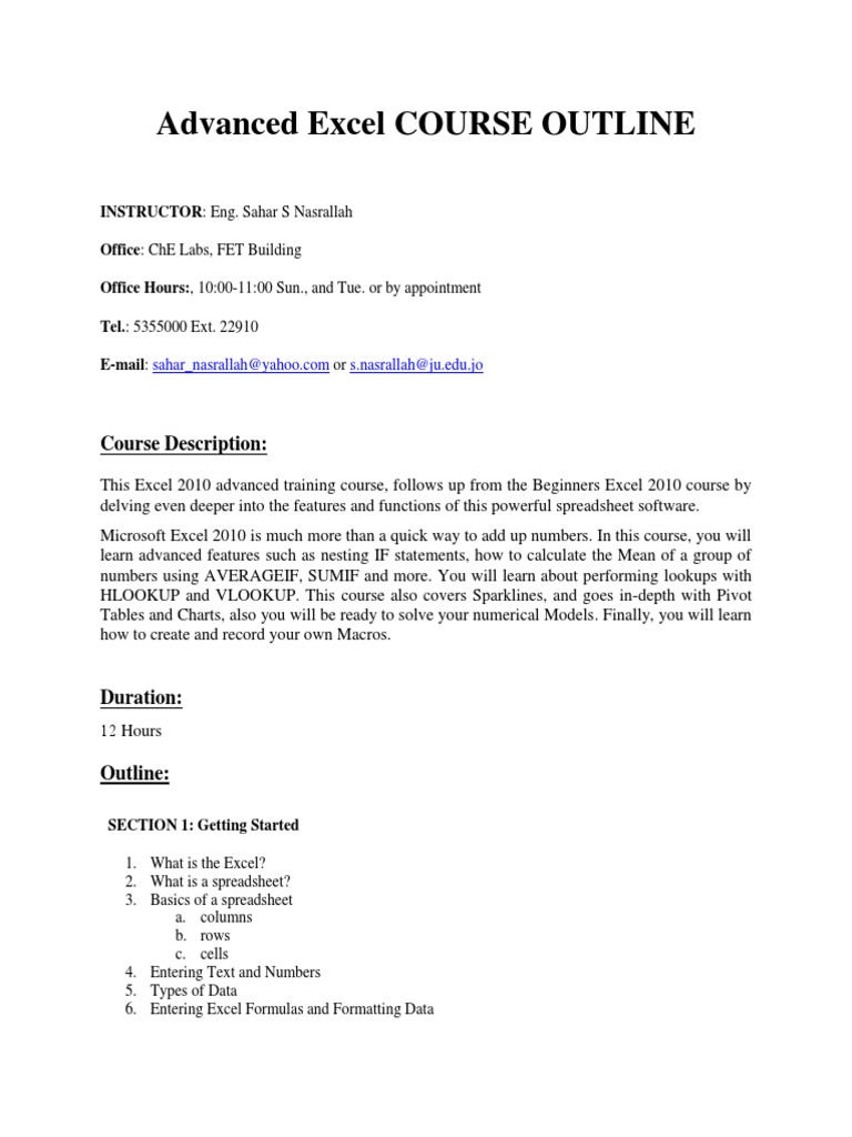 Advanced Excel Course Outline Microsoft Excel Array Data Structure