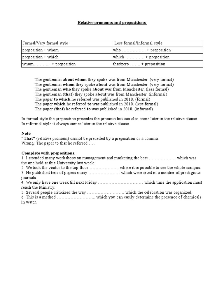 Relative Pronouns and Prepositions | PDF