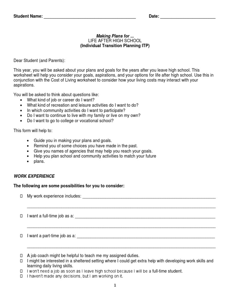 Life After High School Planning Worksheet | PDF | Career & Growth