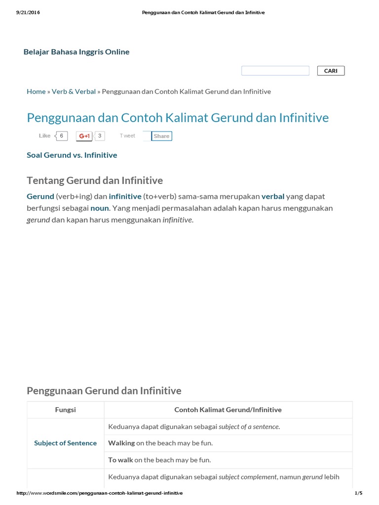 Penggunaan Dan Contoh Kalimat Gerund Dan Infinitive | PDF | Seni & Disiplin Bahasa