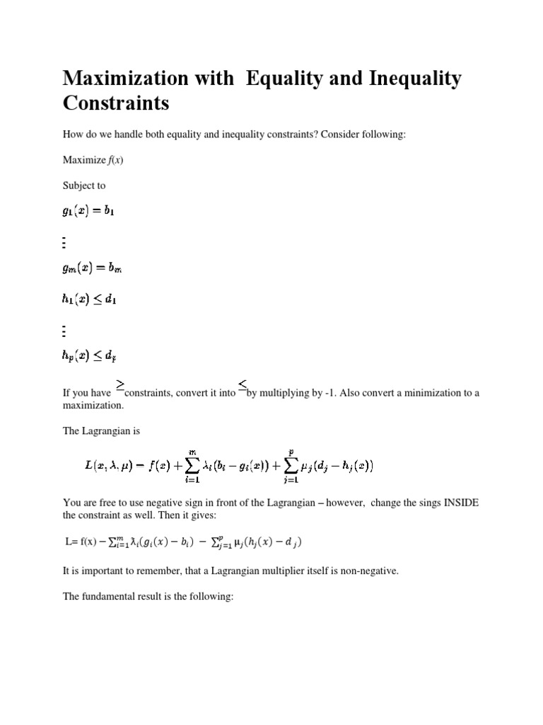Maximization With Equality and Inequality Constraints - Lagrangian | PDF