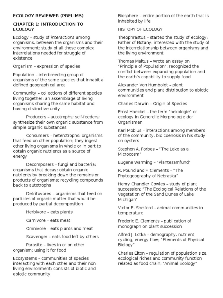 Ecology Reviewer (Prelims) Chapter 1: Introduction To Ecology | PDF ...