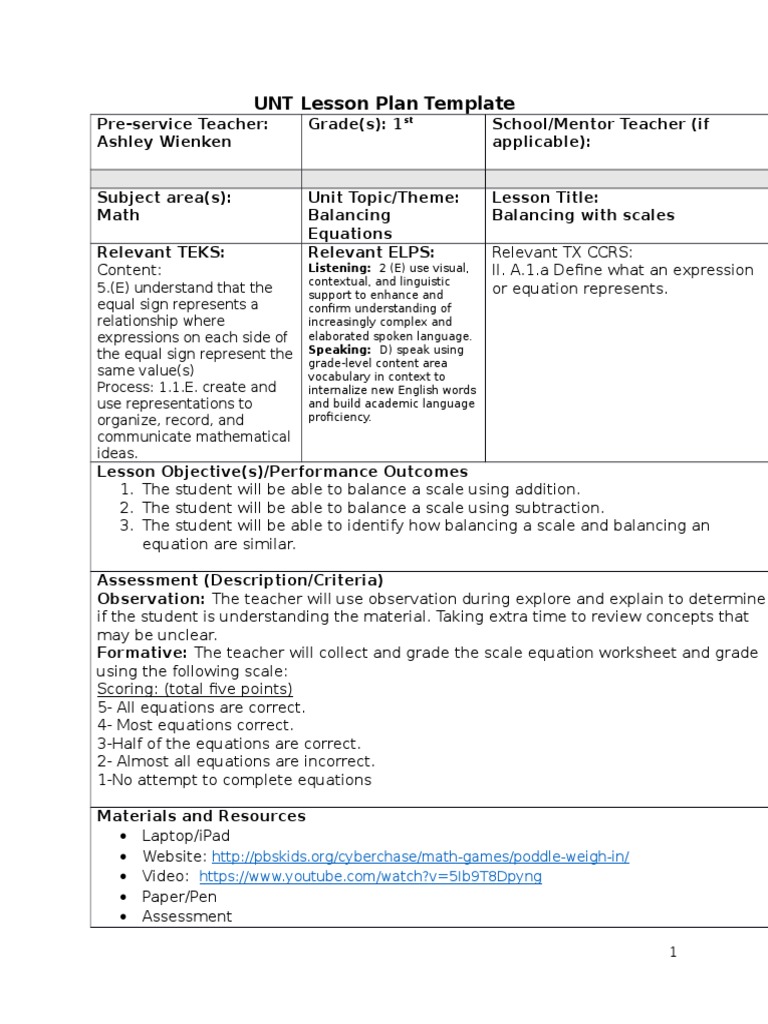 Lesson Plan 3 Balanced Equations | PDF | Equations | Lesson Plan