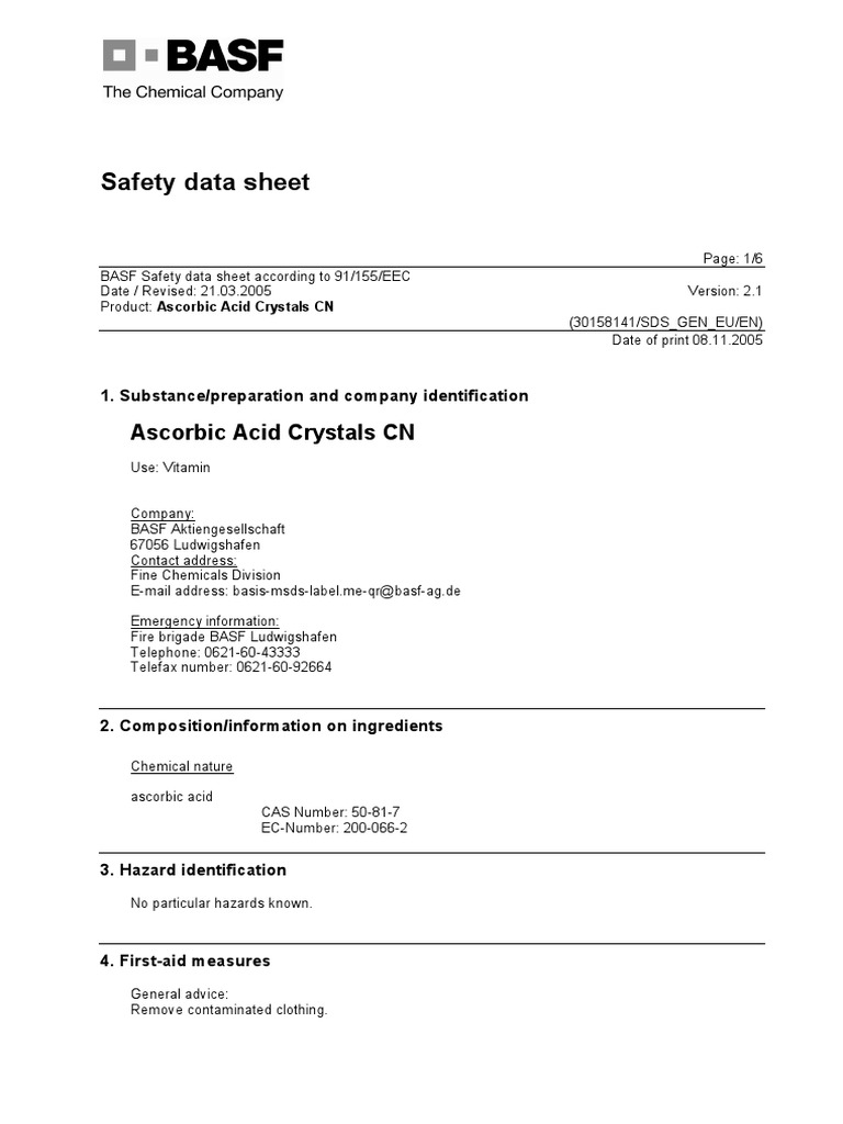 Ascorbic Acid Crystals Safety Data Sheet | PDF | Solubility | Water