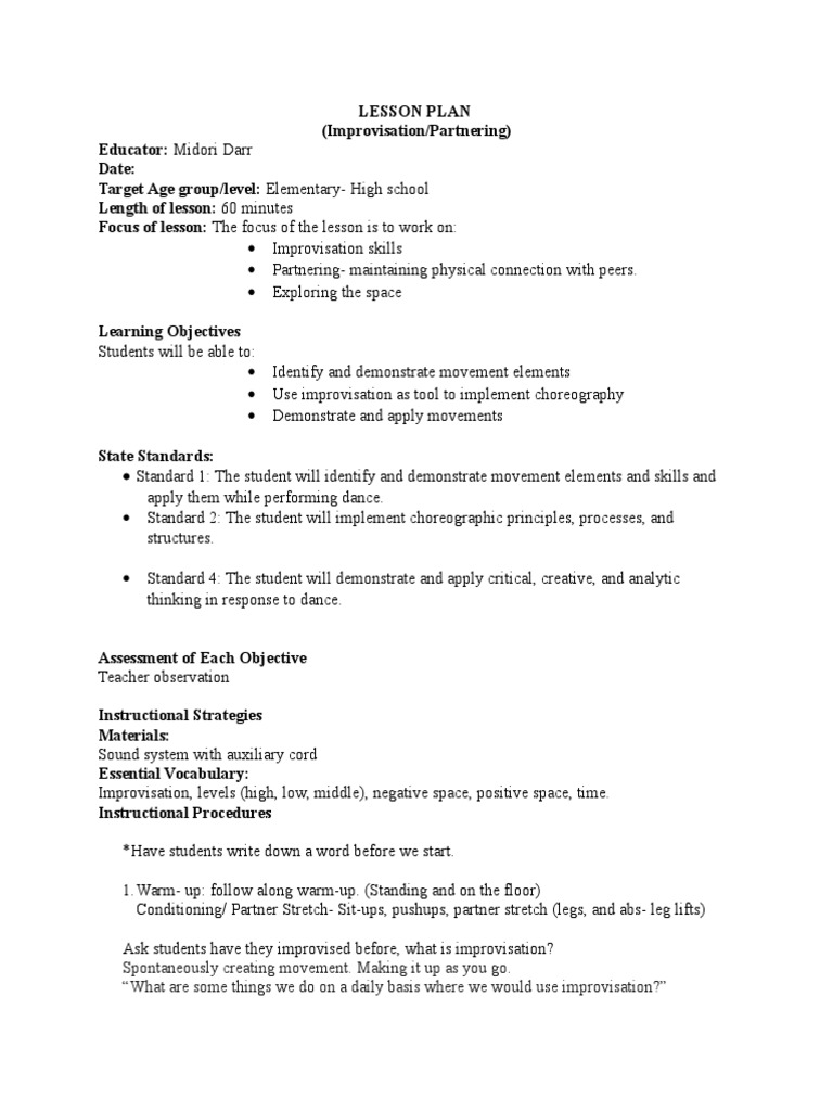 Dance Improvisation Lesson Plan | PDF | Improvisation | Lesson Plan