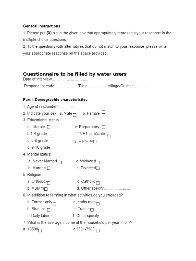 Questionnaire To Be Filled by Water Users: General Instructions | PDF ...
