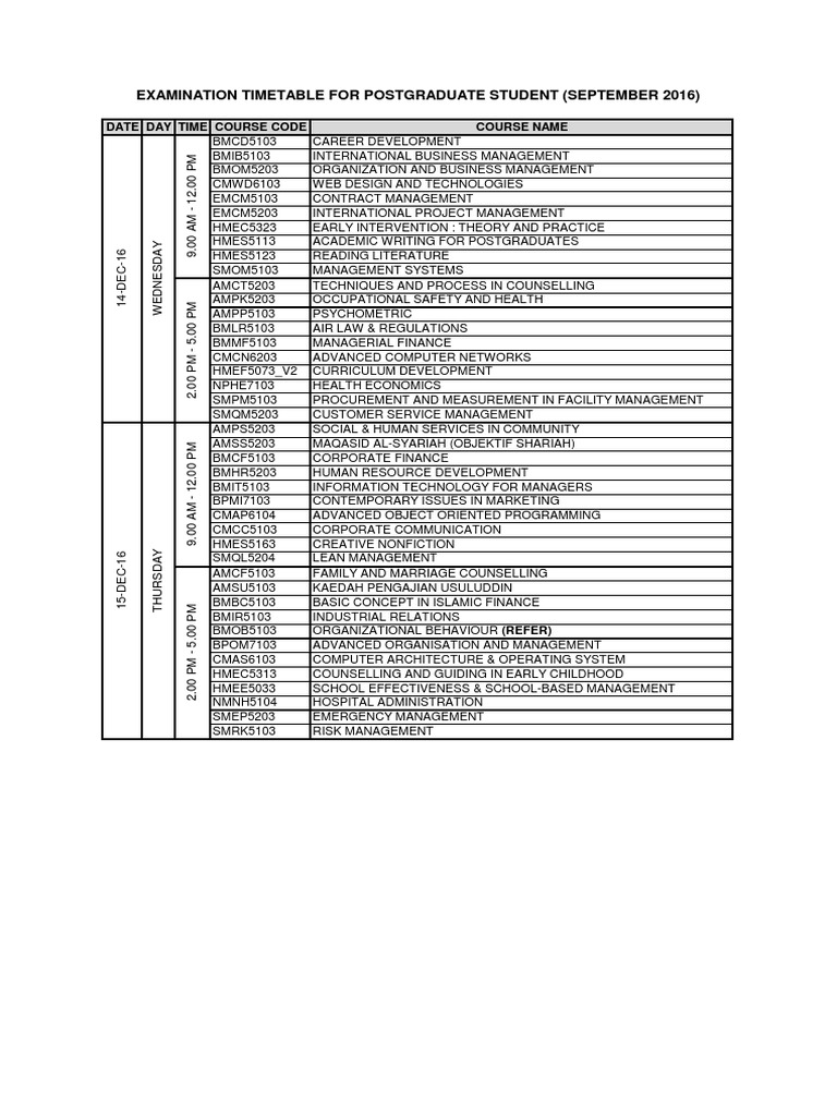 Timetable PG Sep 2016 | PDF | Psychotherapy | Strategic Management