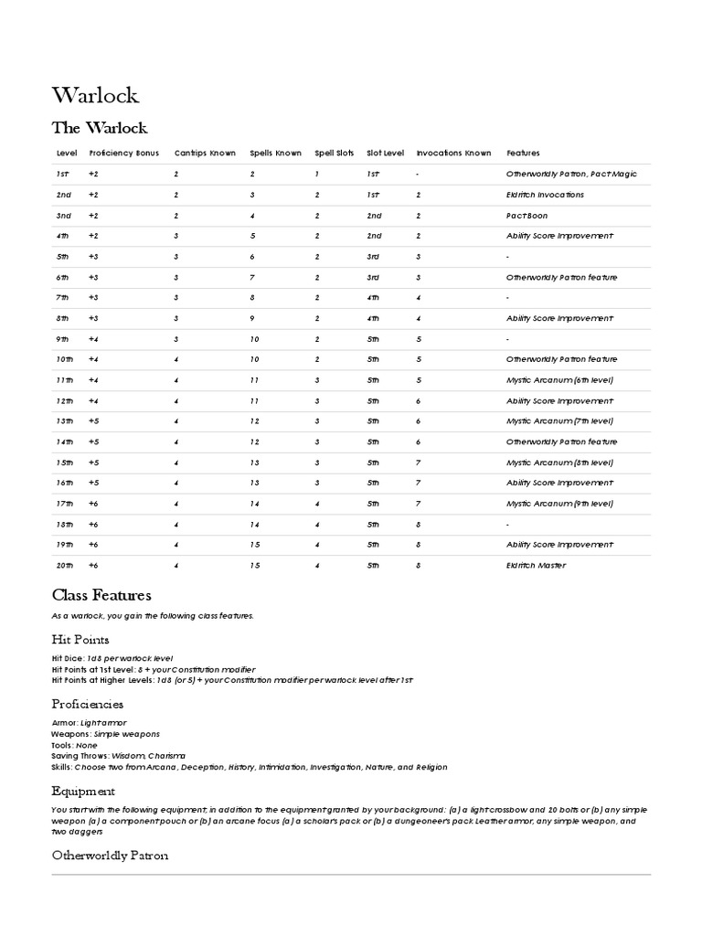 Warlock Class Features and Spell Slots | PDF | Dungeons & Dragons ...